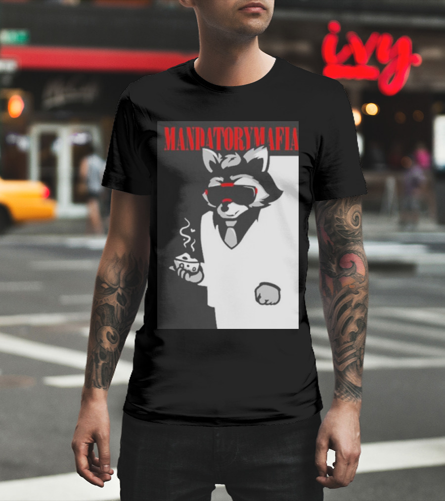 MANDATORY MAFIA RACCOON WITH COFFEE IN SUIT AND SUNGLASSES T-Shirt