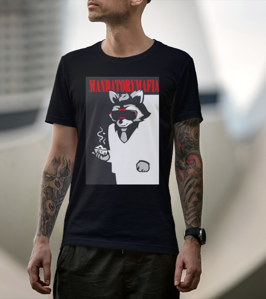 MANDATORY MAFIA RACCOON WITH COFFEE IN SUIT AND SUNGLASSES T-Shirt
