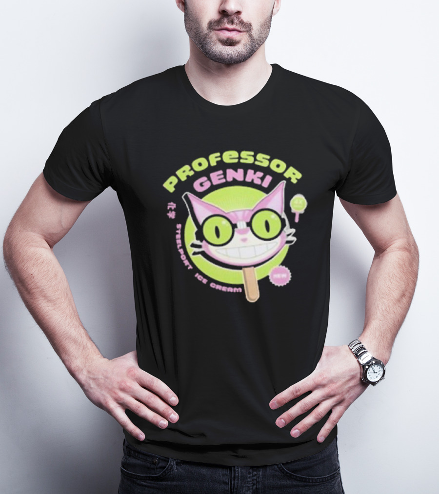 Professor Genki Steelport Ice Cream Cat Neon Green Pink Fun T-Shirt