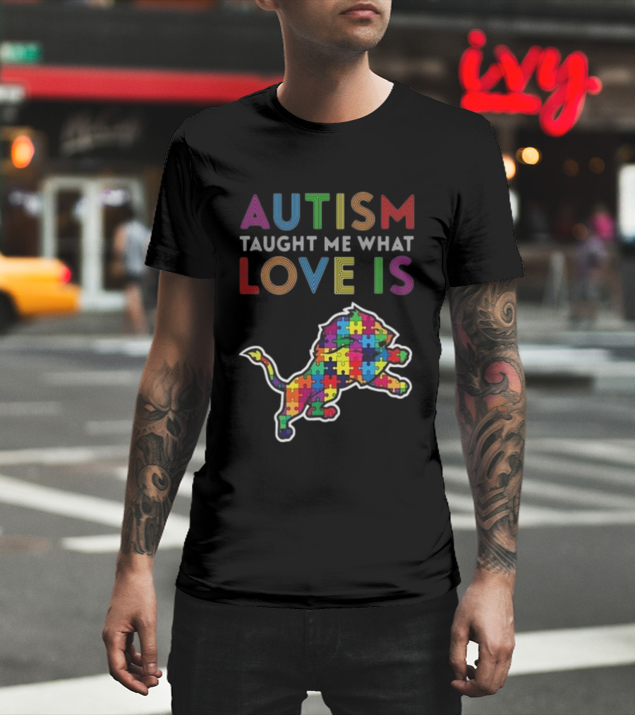 Detroit Lions Autism Taught Me What Love Is Puzzle Lion T-Shirt