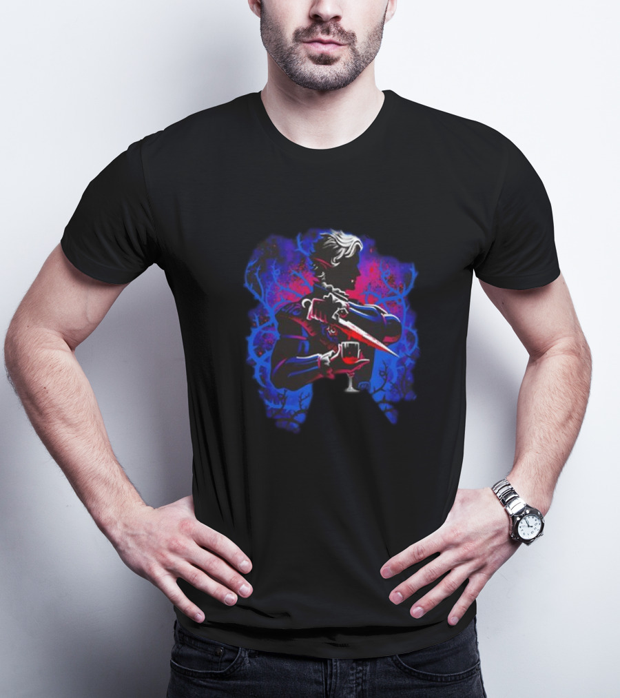 High Elf Vampire Dark Fantasy Silhouette With Dagger And Wine Glass T-Shirt