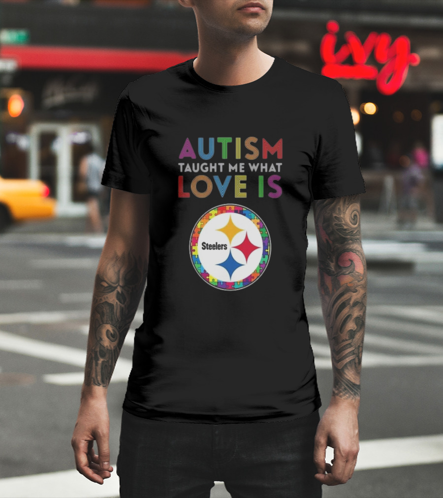 Autism Taught Me What Love Is Pittsburgh Steelers Puzzle T-Shirt