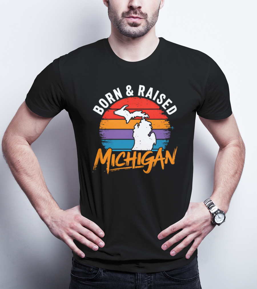 Born And Raised Michigan Vintage Sunset Map Stripes T-Shirt