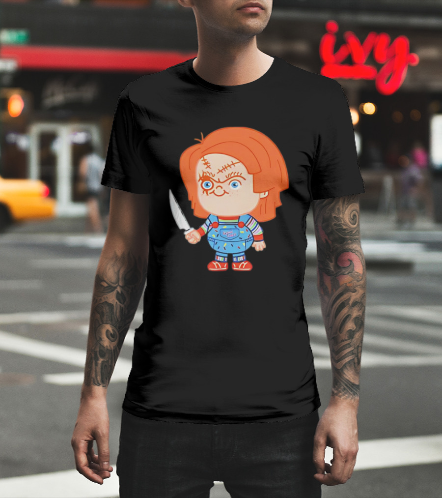Chucky Evil Doll With Knife In Striped Lovely Overalls T-Shirt