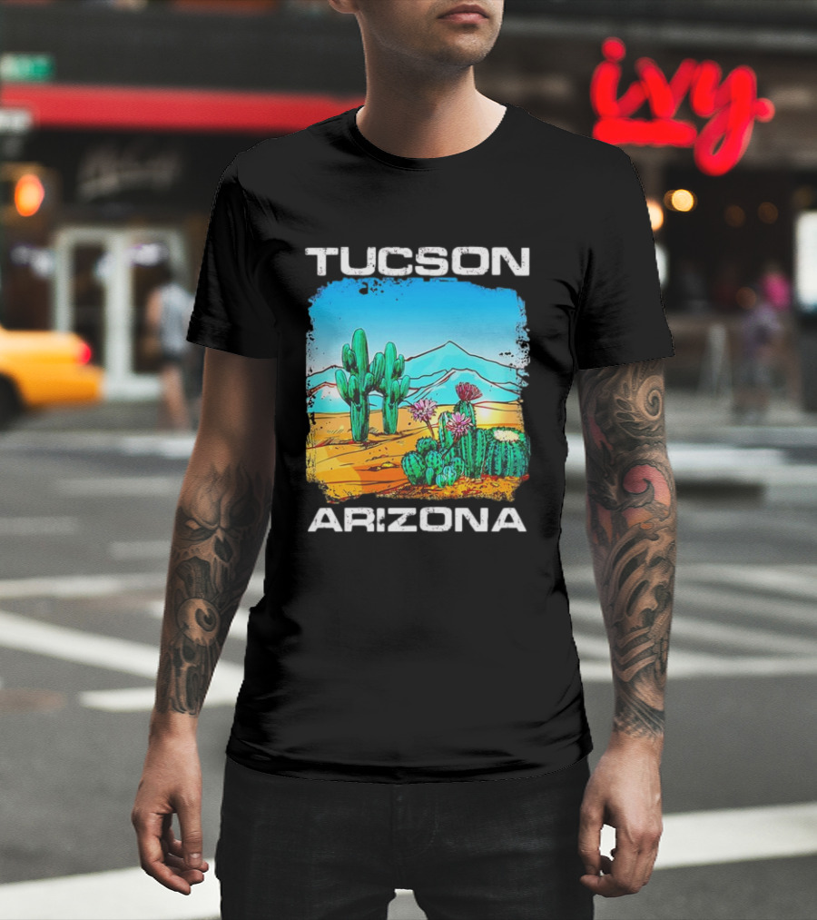 Tucson Arizona Retro Desert Scene With Cactus And Mountains T-Shirt