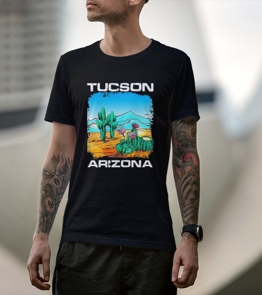 Tucson Arizona Retro Desert Scene With Cactus And Mountains T-Shirt
