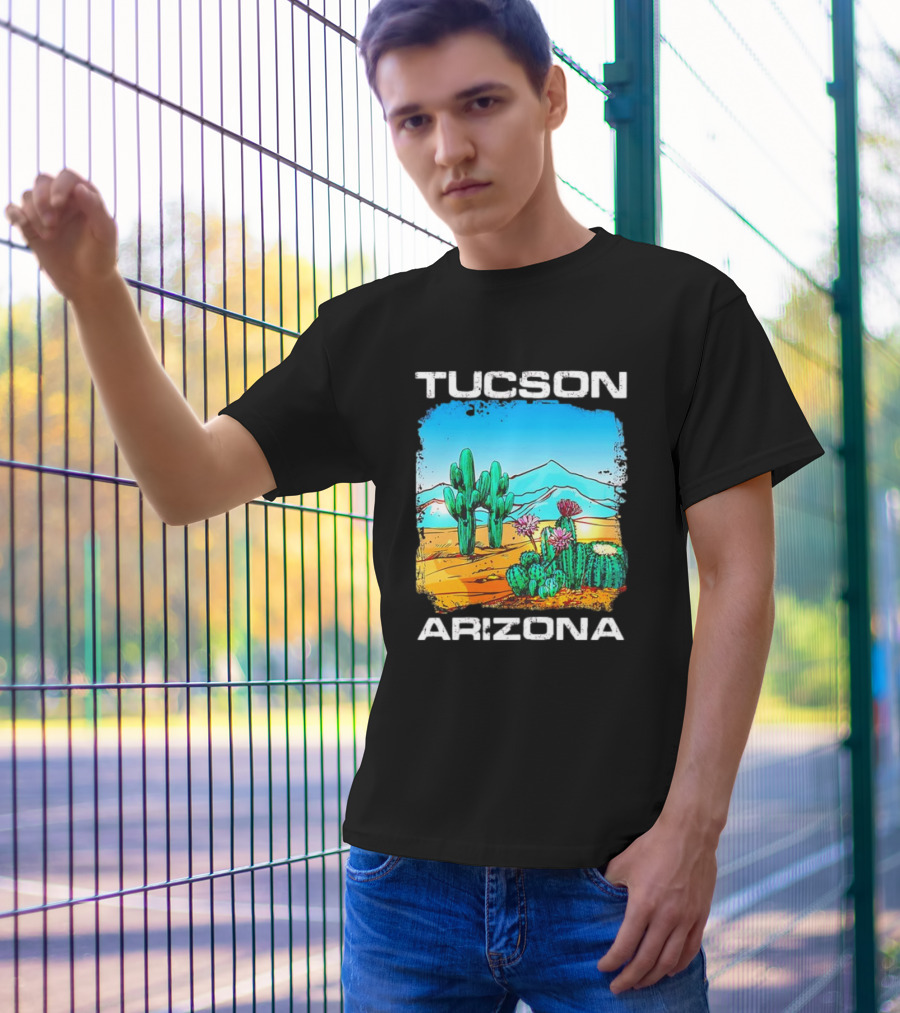 Tucson Arizona Retro Desert Scene With Cactus And Mountains T-Shirt