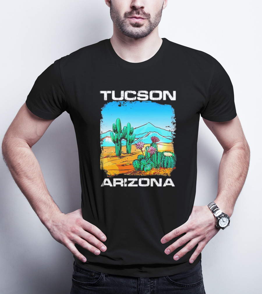 Tucson Arizona Retro Desert Scene With Cactus And Mountains T-Shirt