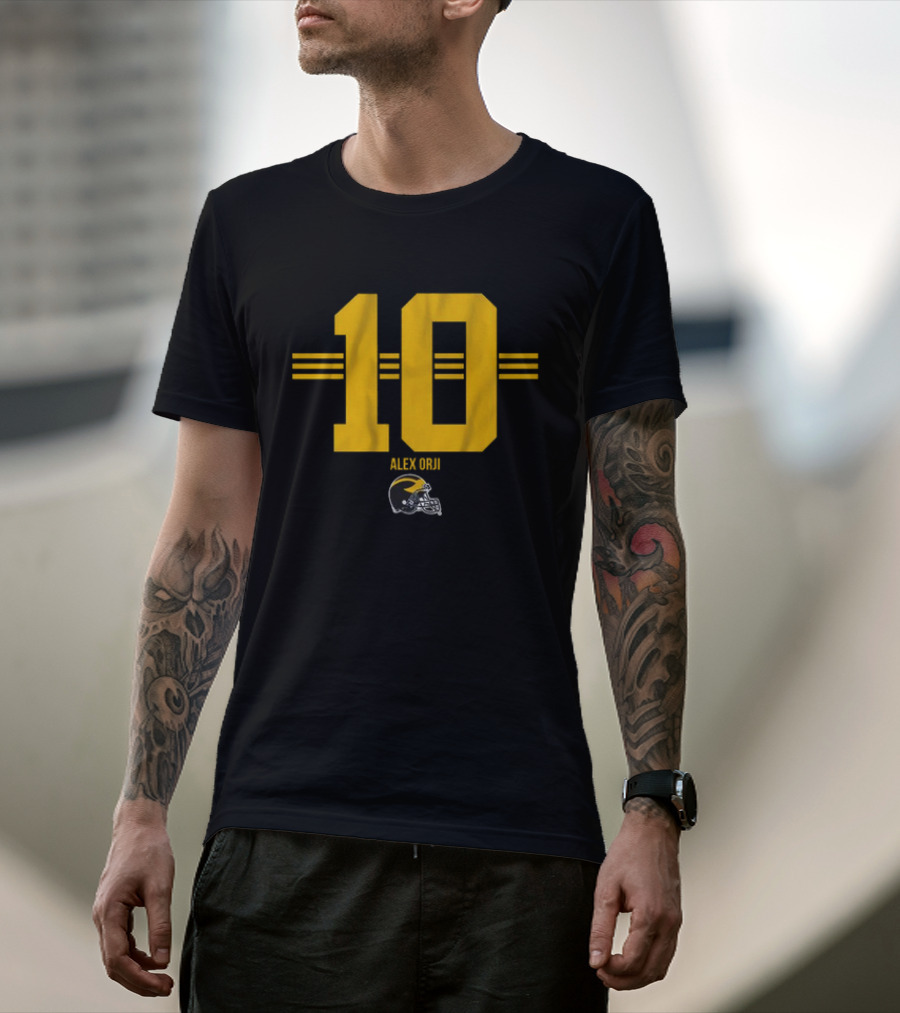 Michigan Football Alex Orji 10 Helmet Stripe T-Shirt
