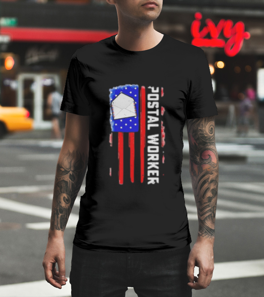 Postal Worker American Flag Envelope Stars Stripes Patriotic Postman Rural Carrier T-Shirt