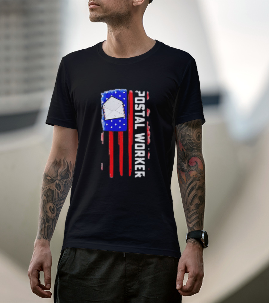 Postal Worker American Flag Envelope Stars Stripes Patriotic Postman Rural Carrier T-Shirt