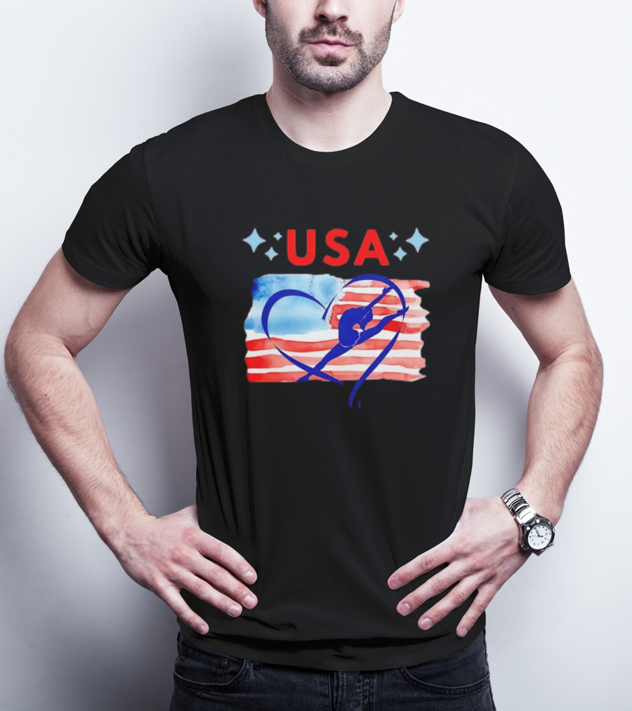 USA Patriotic American Flag Heart Gymnastics T-Shirt
