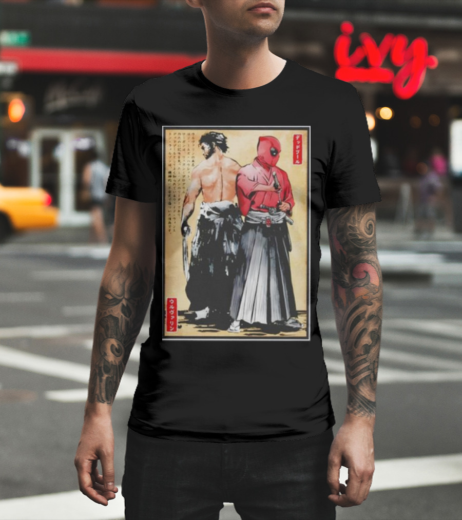 Mutant Samurai And Red Ronin Deadpool Wolverine Woodblock T-Shirt