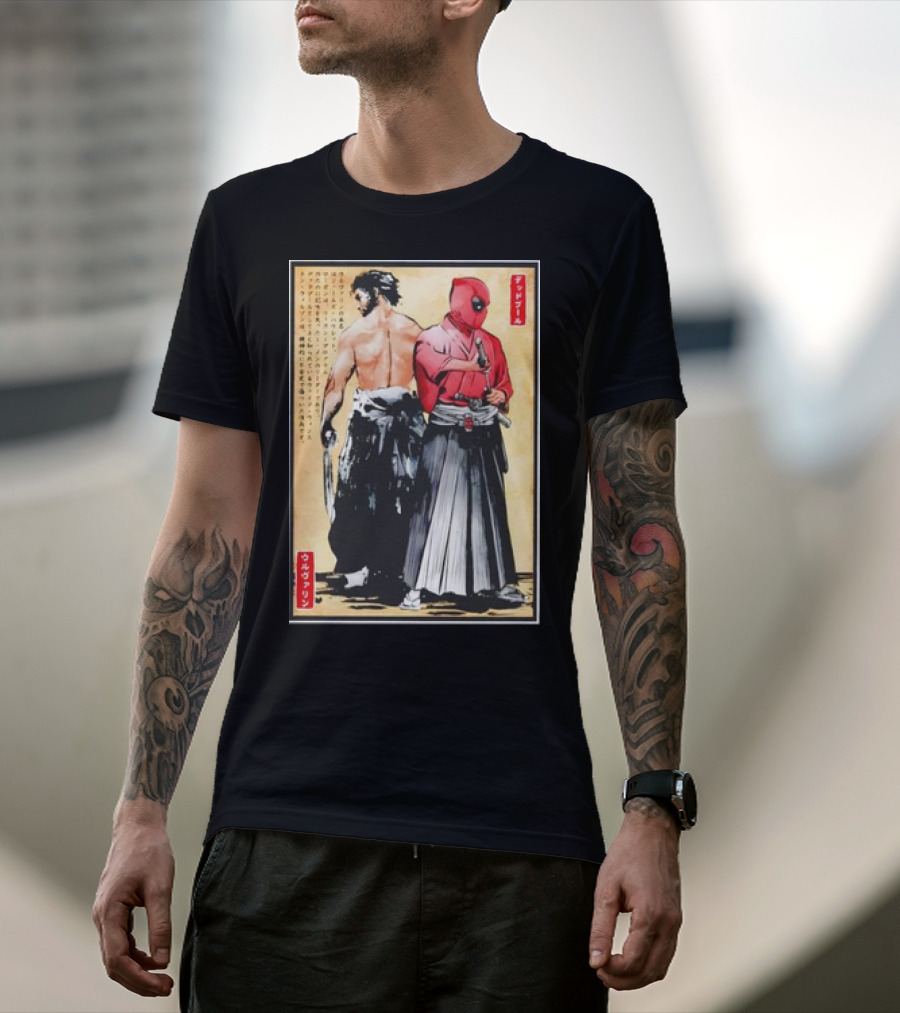 Mutant Samurai And Red Ronin Deadpool Wolverine Woodblock T-Shirt