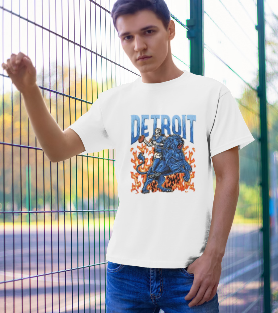 Detroit Lions Skeleton Quarterback Riding Flaming Blue Lion T-Shirt
