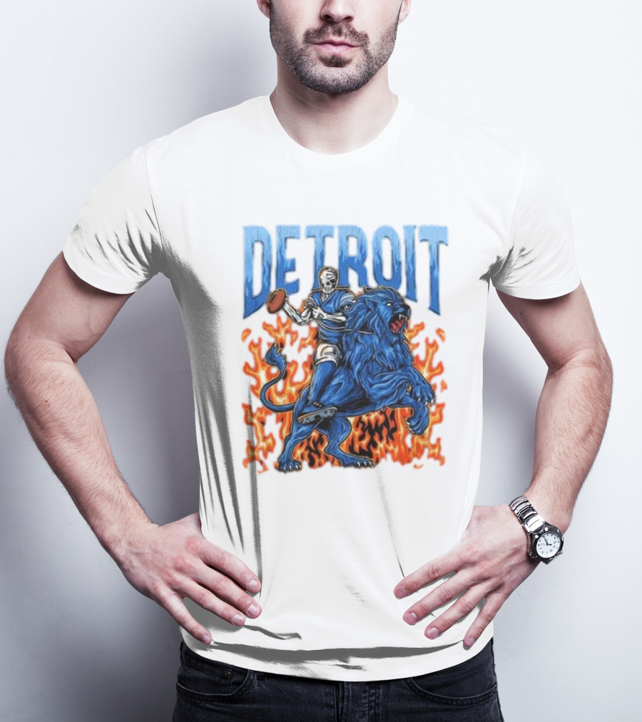 Detroit Lions Skeleton Quarterback Riding Flaming Blue Lion T-Shirt