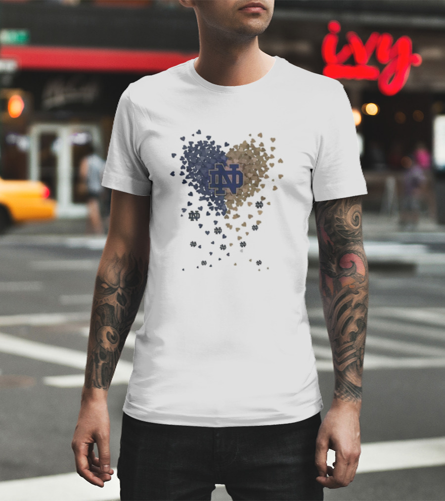 Heart Full Of Notre Dame Fighting Irish ND Logo And Blue Gold Hearts T-Shirt