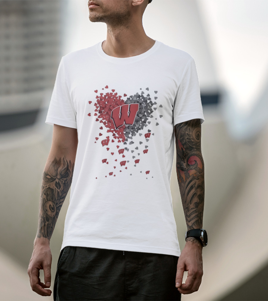 Heart Full Of Wisconsin Badgers Logo With Falling Hearts T-Shirt
