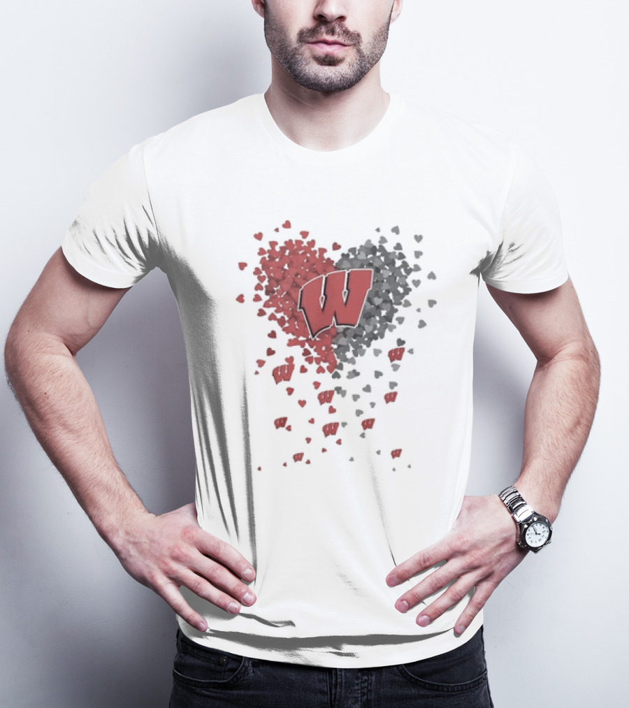 Heart Full Of Wisconsin Badgers Logo With Falling Hearts T-Shirt