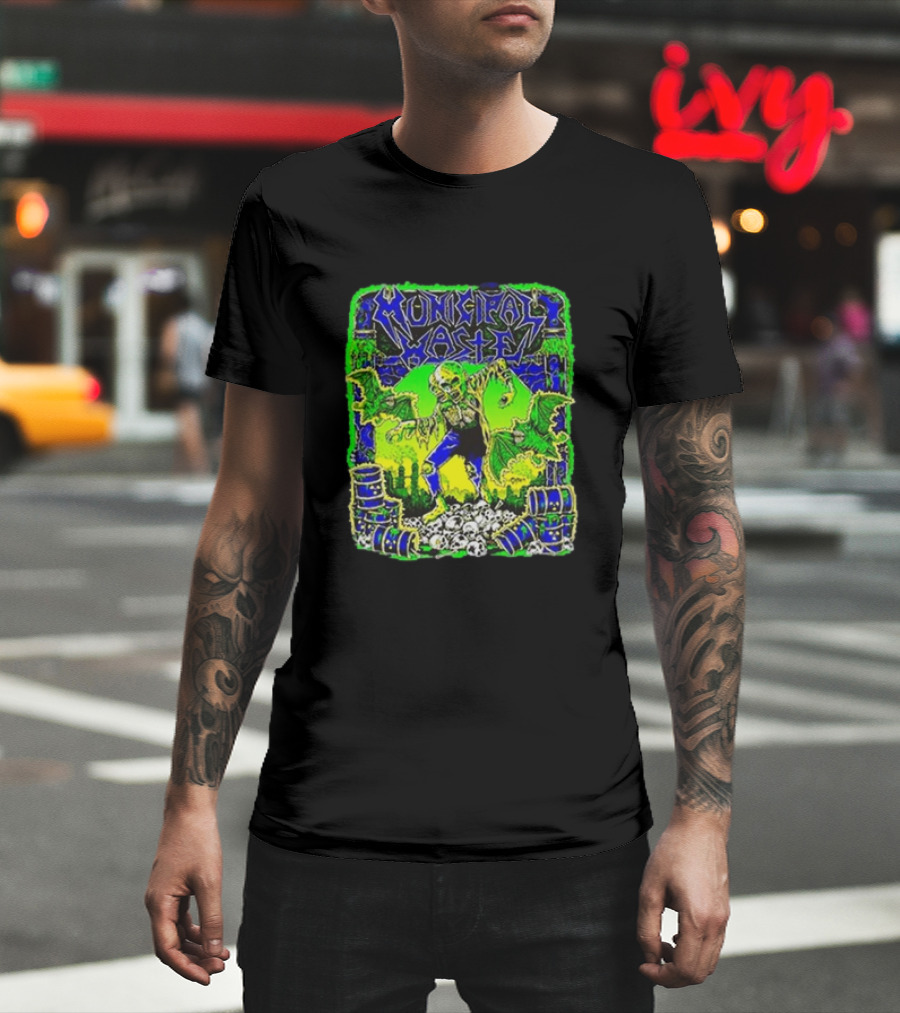 Municipal Waste Radioactive Creature With Toxic Barrels And Green Bats T-Shirt