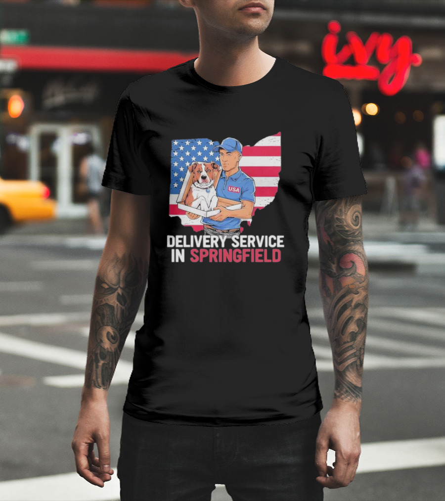 Delivery Service In Springfield USA Dog Parcel Ohio Flag Background T-Shirt