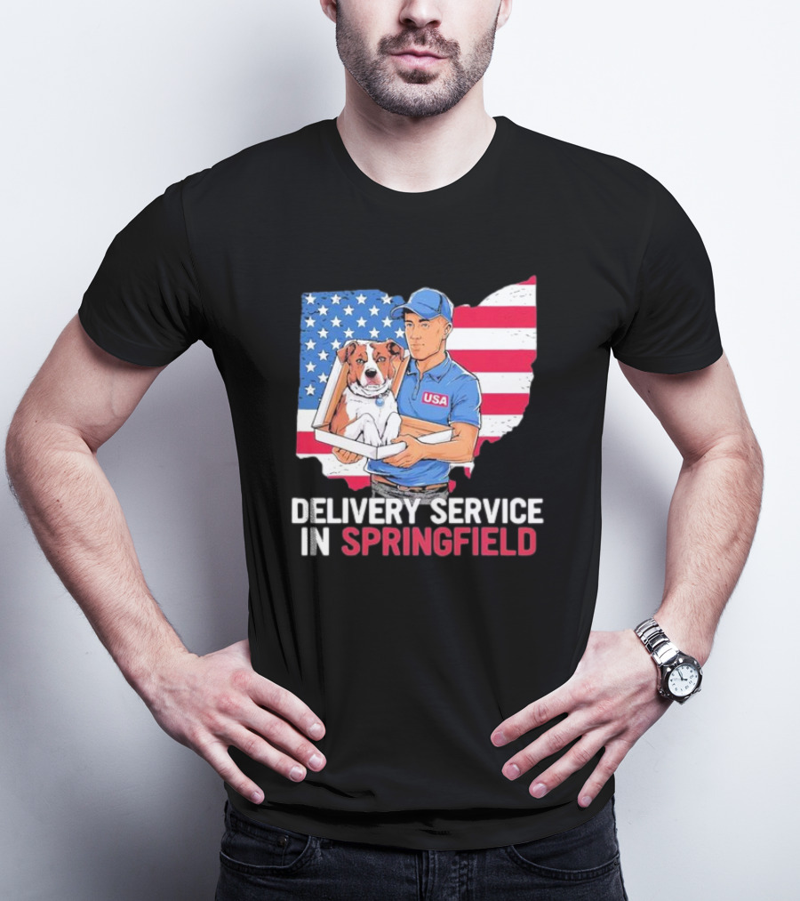 Delivery Service In Springfield USA Dog Parcel Ohio Flag Background T-Shirt