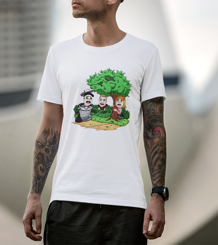 Artem Potokin Little Me Cartoon Characters Hiding Behind Tree And Trash Can T-Shirt