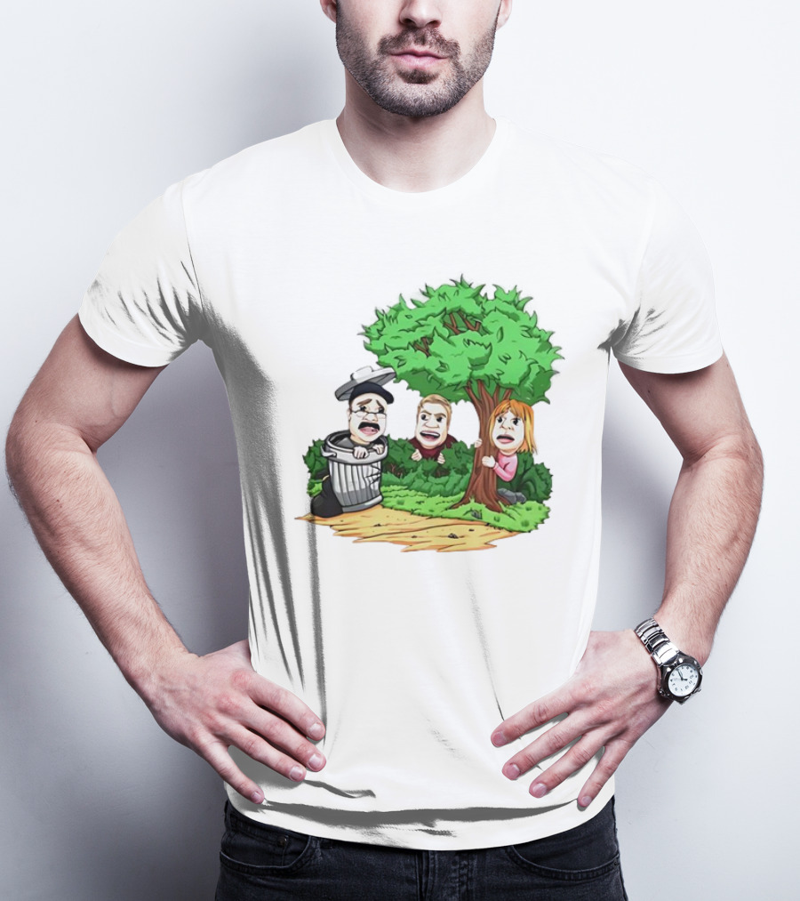 Artem Potokin Little Me Cartoon Characters Hiding Behind Tree And Trash Can T-Shirt