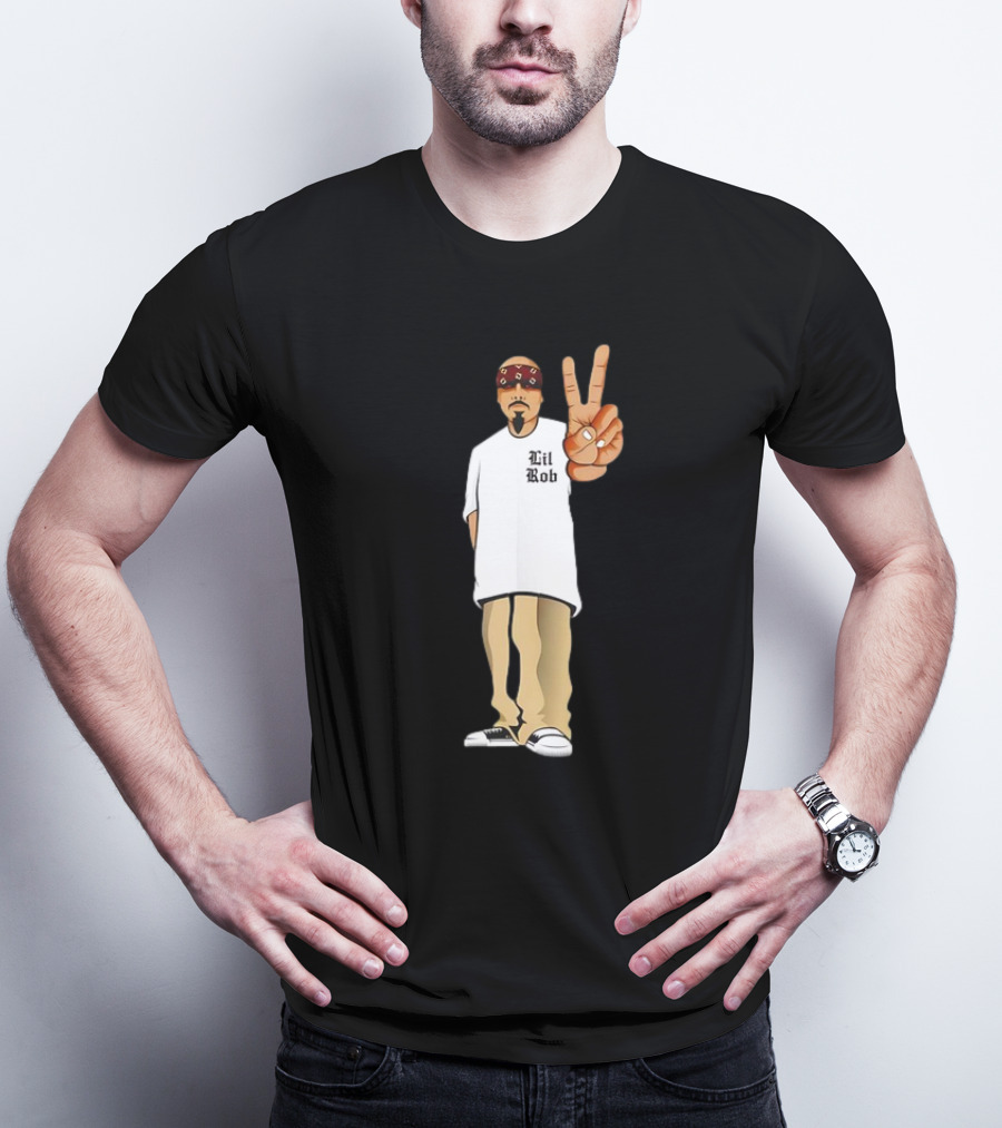 Lil Rob Peace Gesture Cartoon Character With Headband And Bearded T-Shirt