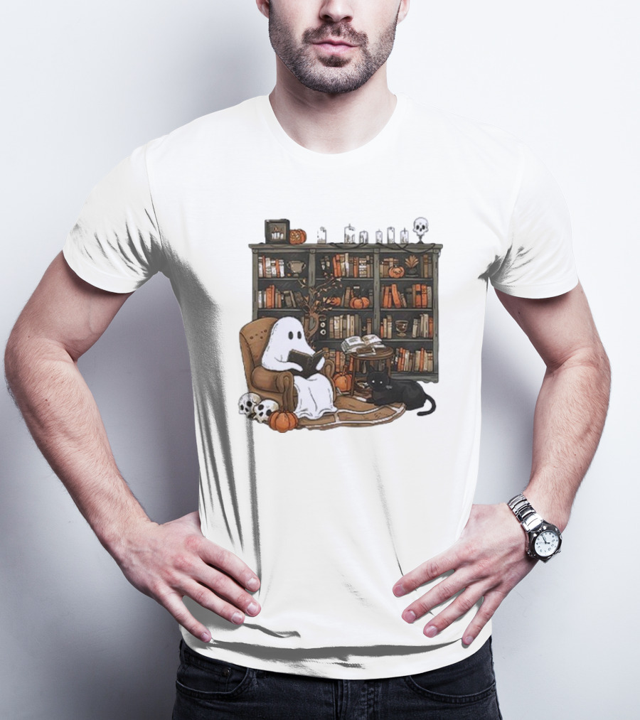 Retro Ghost Reading Books Skeletons Pumpkins Black Cat Library T-Shirt