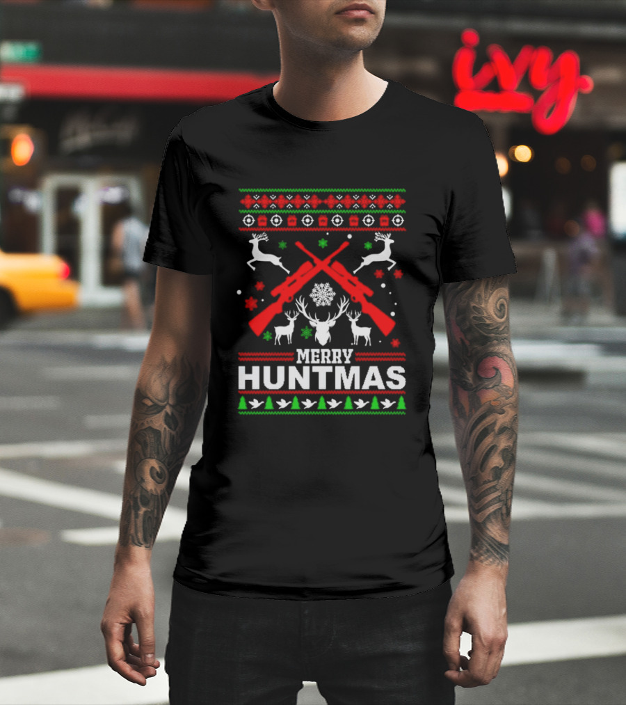 Merry Huntmas Christmas Reindeer Guns And Antlers Holiday T-Shirt