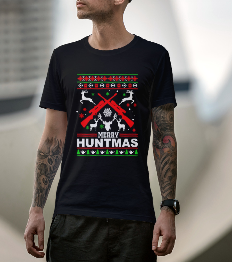 Merry Huntmas Christmas Reindeer Guns And Antlers Holiday T-Shirt