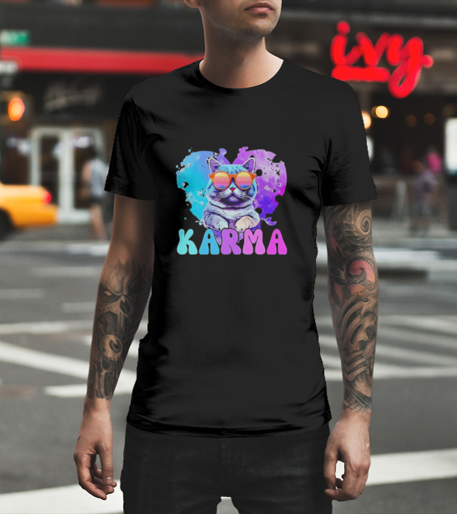 Cat Lover Karma Heart Shape Retro Sunglasses T-Shirt
