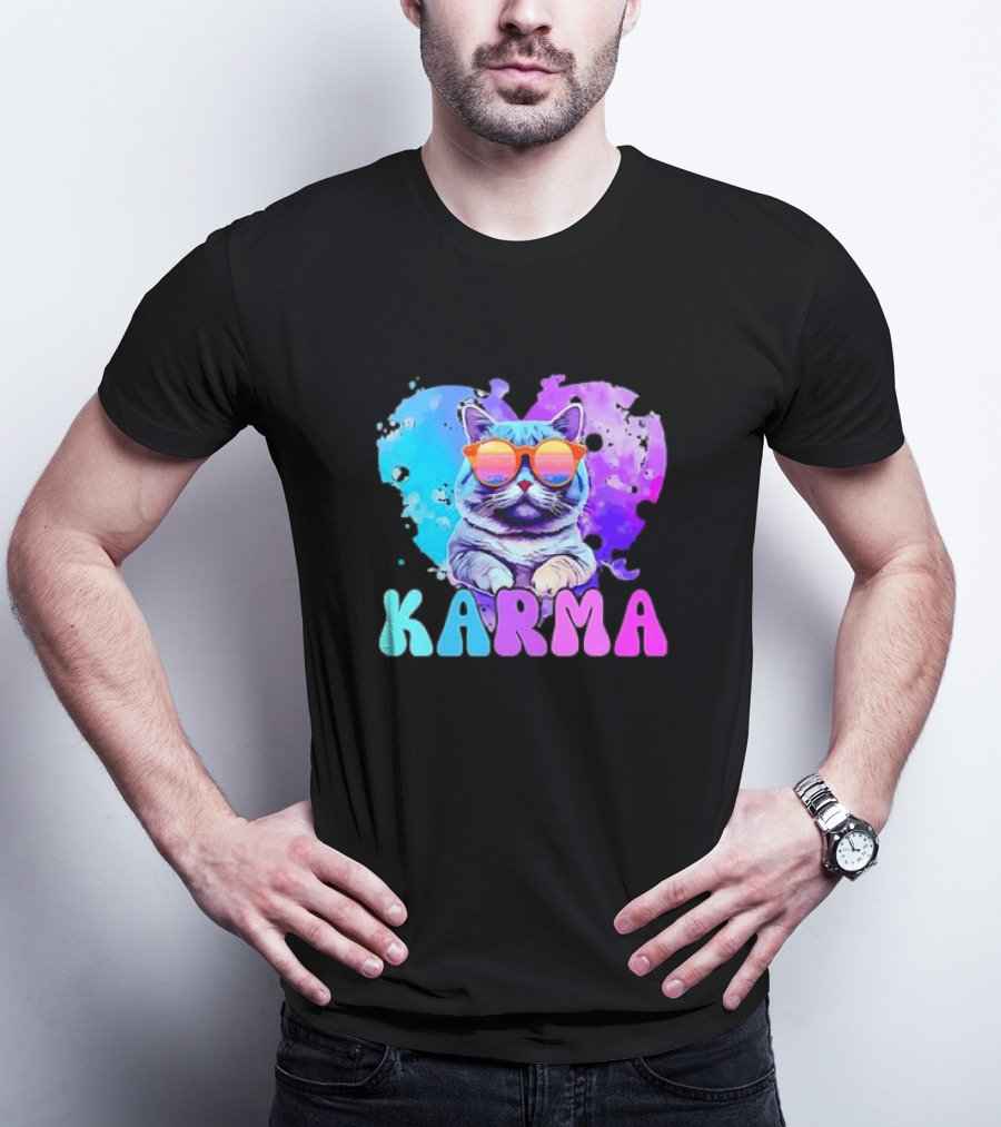 Cat Lover Karma Heart Shape Retro Sunglasses T-Shirt