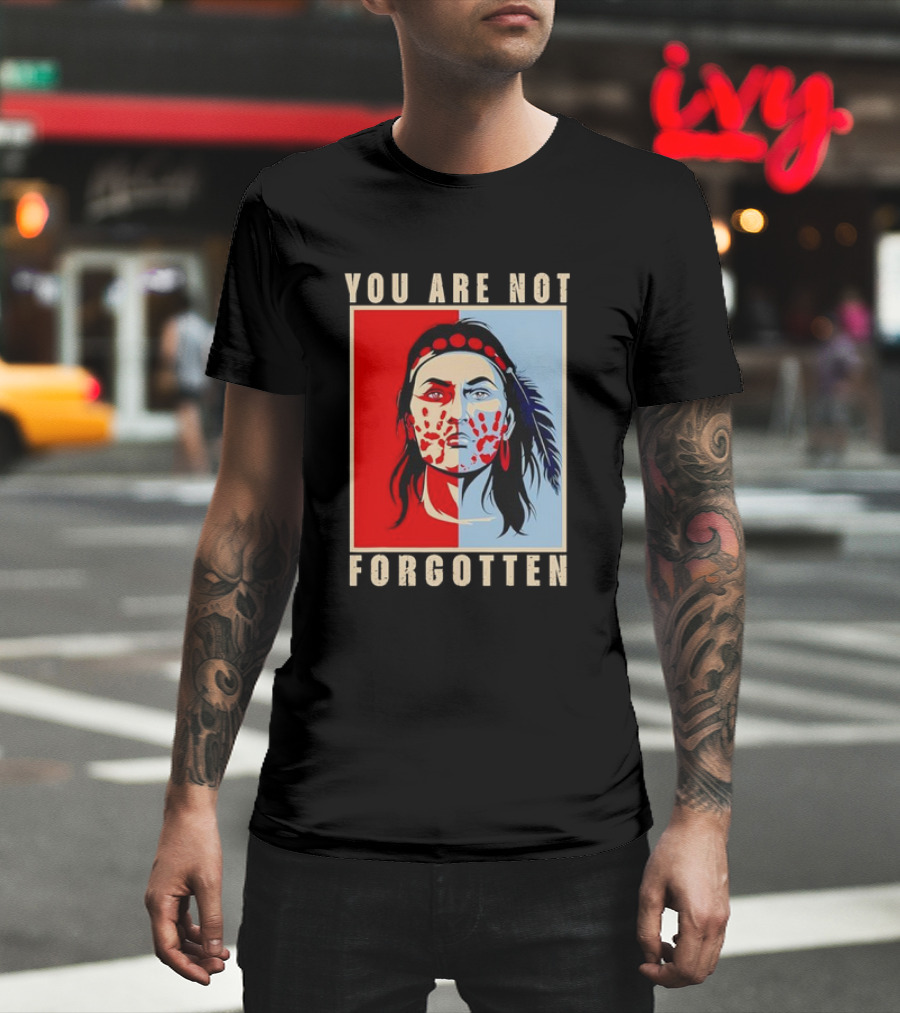 You Are Not Forgotten Awareness Native American Indian Red Handprint Feather Profile T-Shirt