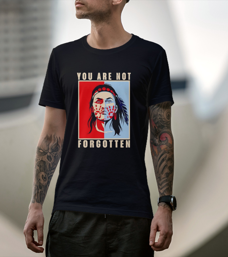 You Are Not Forgotten Awareness Native American Indian Red Handprint Feather Profile T-Shirt