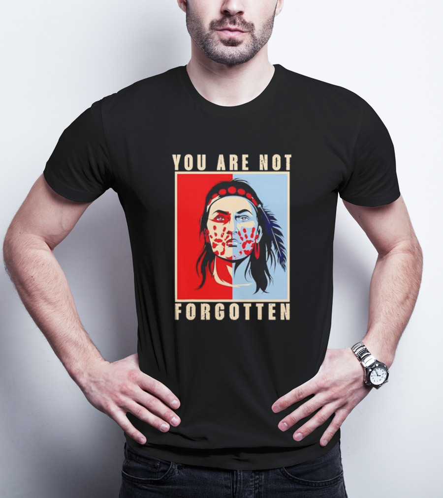 You Are Not Forgotten Awareness Native American Indian Red Handprint Feather Profile T-Shirt