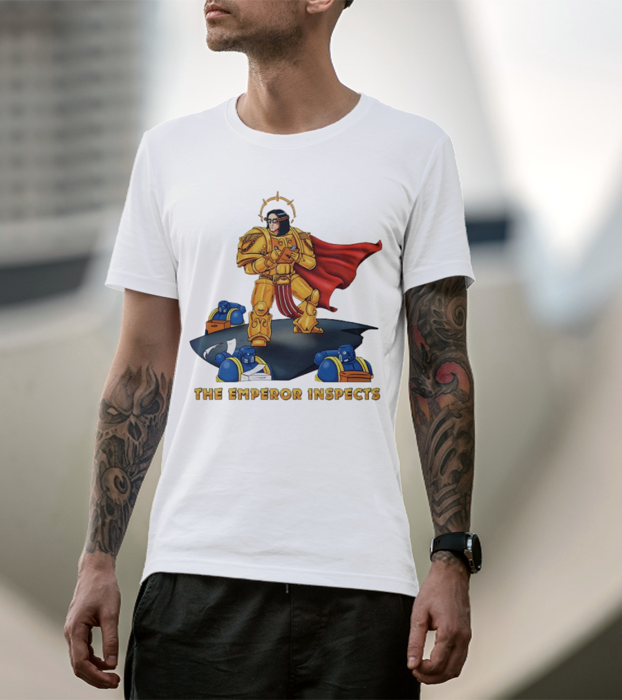 The Emperor Inspects Power Armor With Red Cape And Space Soldiers On Dark Platform T-Shirt