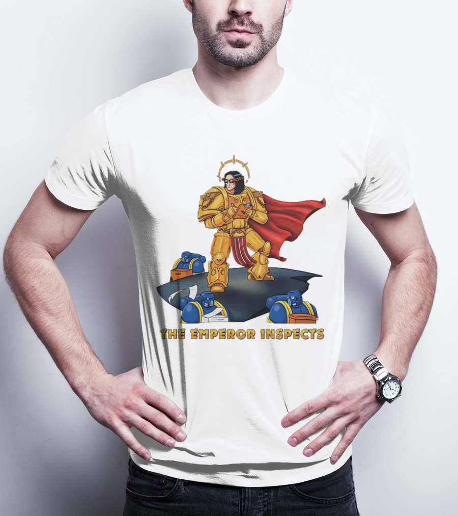 The Emperor Inspects Power Armor With Red Cape And Space Soldiers On Dark Platform T-Shirt