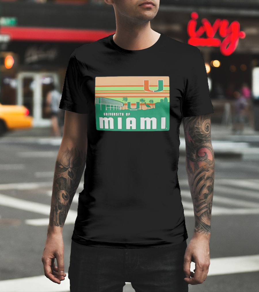 University Of Miami Hurricanes Retro Campus Skyline Palm Trees T-Shirt