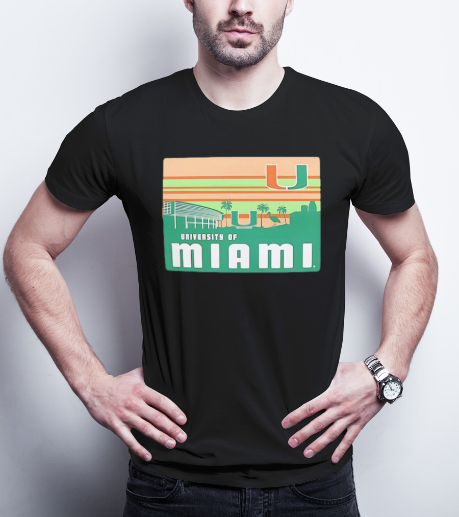 University Of Miami Hurricanes Retro Campus Skyline Palm Trees T-Shirt