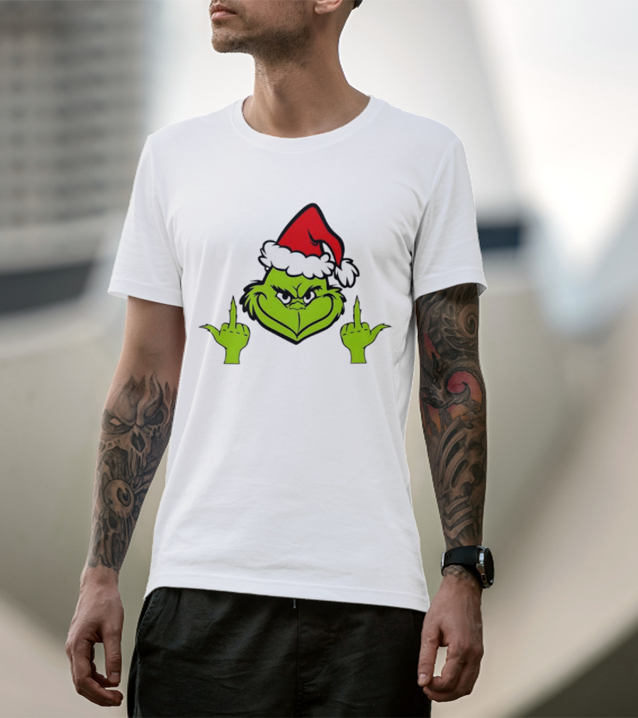 Grinch Middle Finger Funny Grinchmas Santa Claus Iconic Holiday Humor T-Shirt