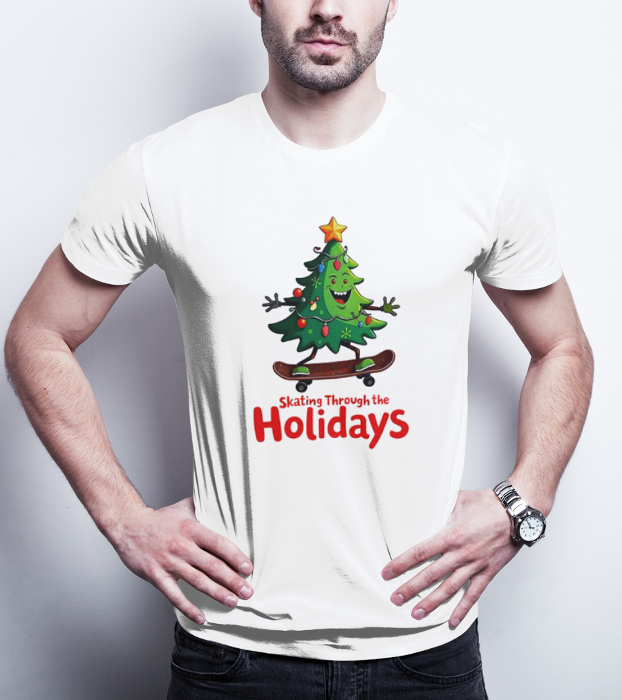 Skating Through The Holidays Christmas Tree Skateboard T-Shirt