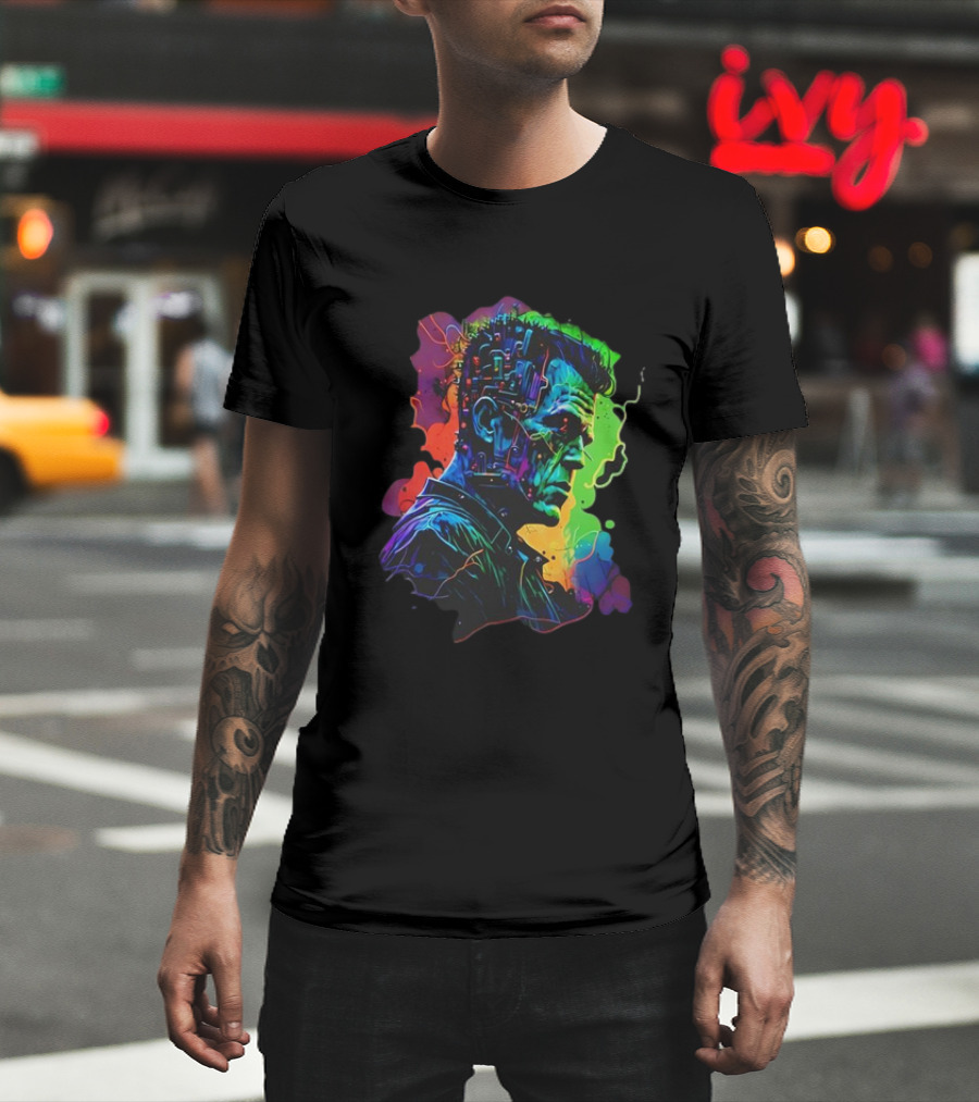 Cyberpunk Frankenstein Neon Circuit Profile T-Shirt