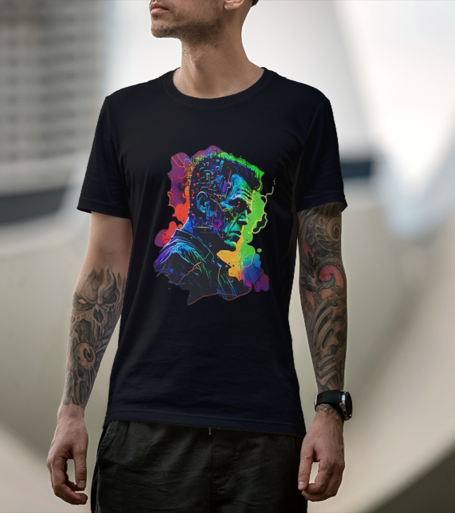 Cyberpunk Frankenstein Neon Circuit Profile T-Shirt
