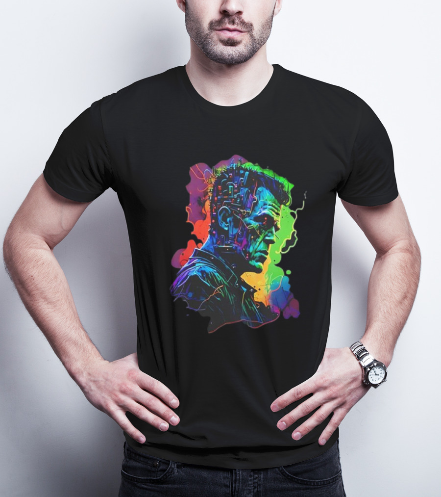 Cyberpunk Frankenstein Neon Circuit Profile T-Shirt