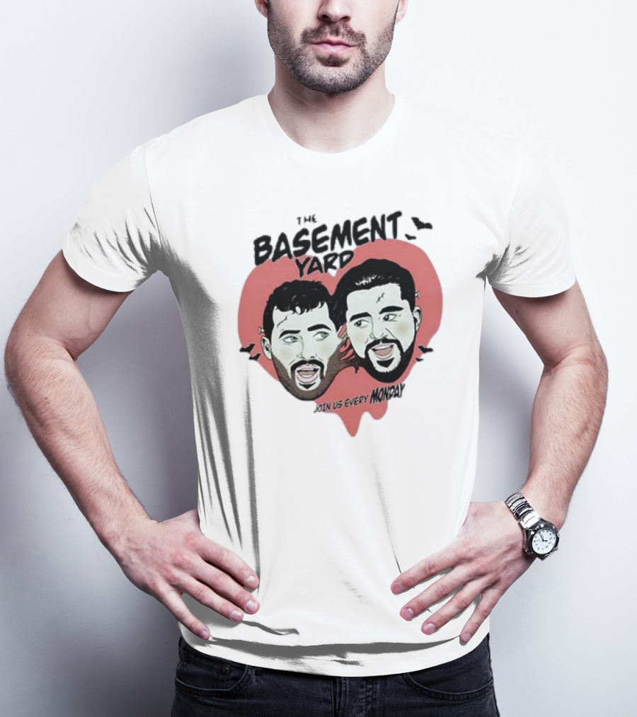 The Basement Yard Join Us Every Monday Spooky Season With Two Characters And Bats T-Shirt
