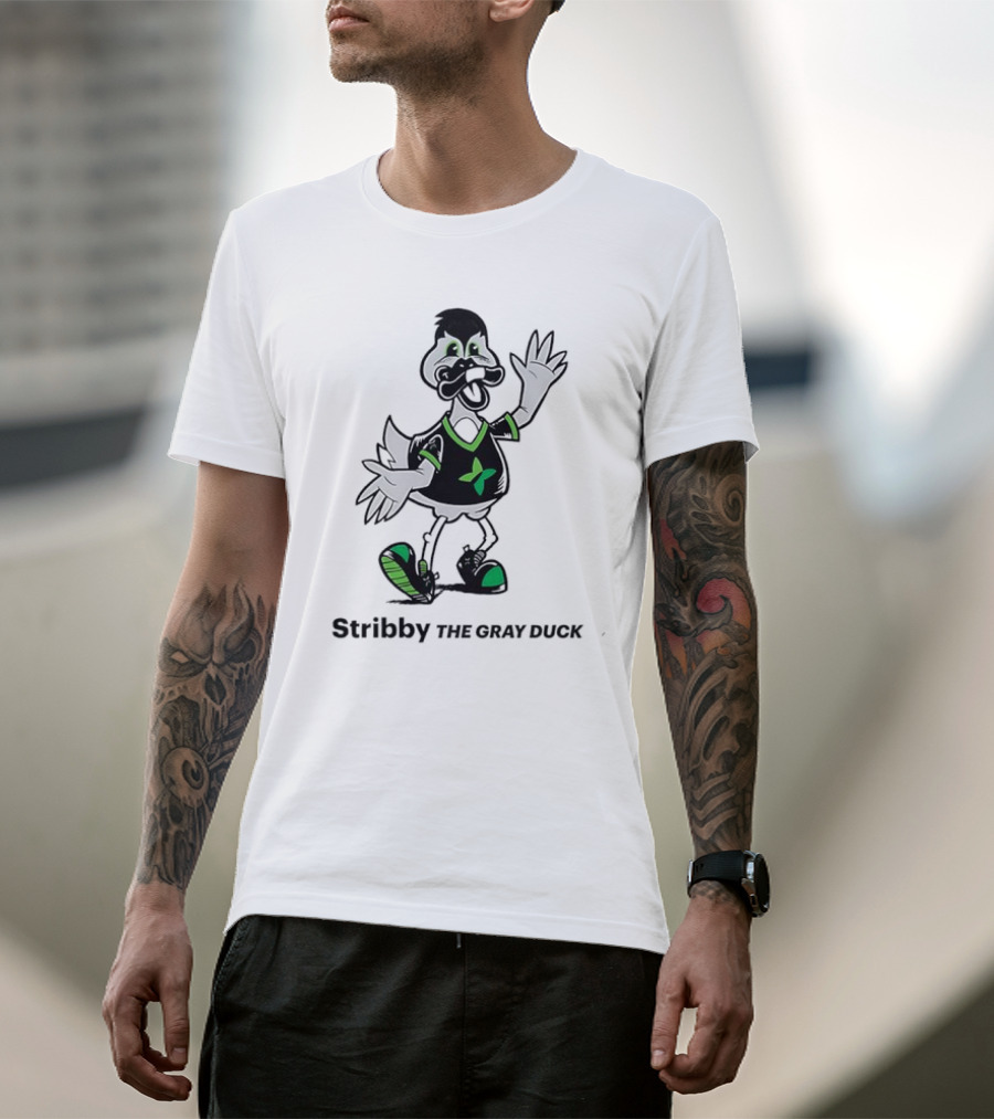 Stribby The Gray Duck Cartoon Mascot With Green And Black T-Shirt