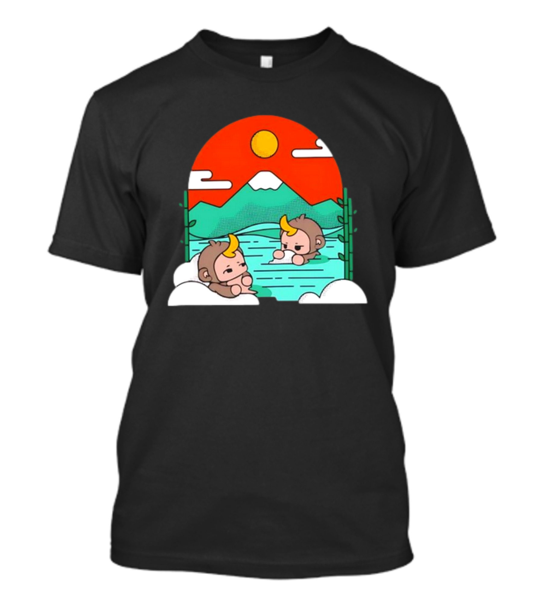 Connor Colquhoun The Tranquil Cute Monkeys In Vibrant Mountain Hot Spring Scenery With Sun And Clouds T-Shirt