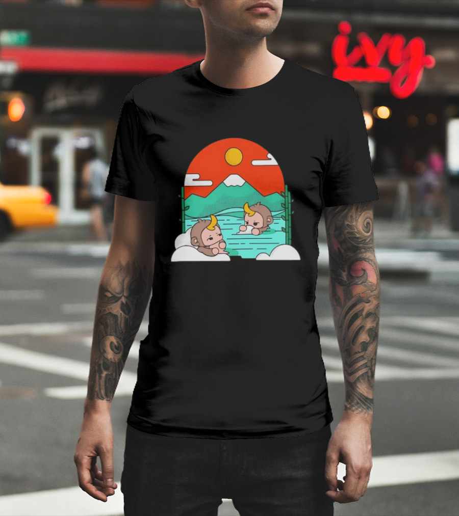 Connor Colquhoun The Tranquil Cute Monkeys In Vibrant Mountain Hot Spring Scenery With Sun And Clouds T-Shirt